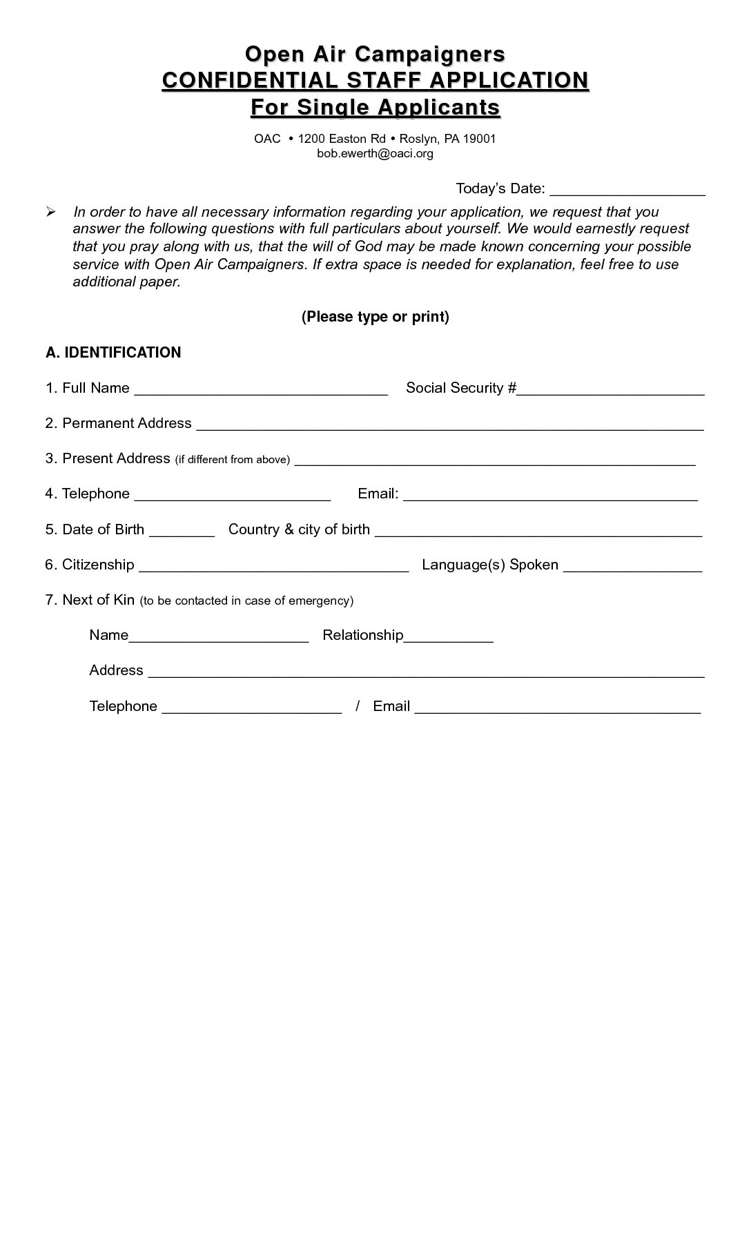 Application For Singles | Open Air Campaigners USA