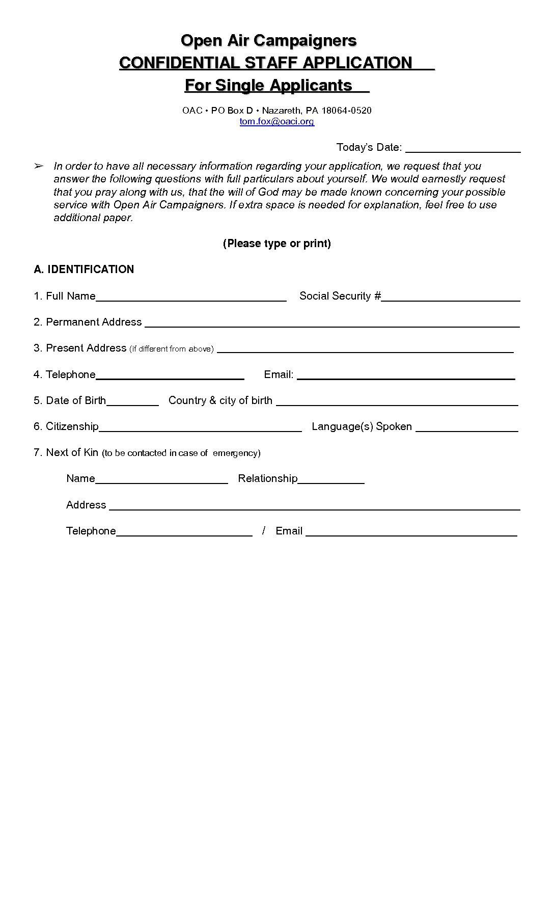 Application For Singles | Open Air Campaigners USA