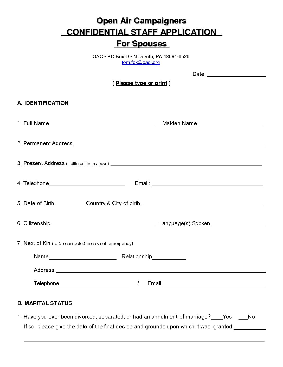 Application for Spouses | Open Air Campaigners USA